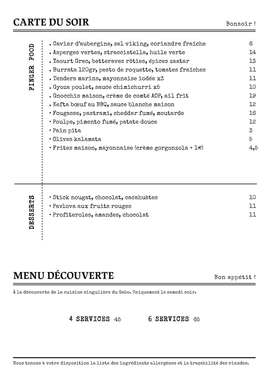 Cartes & Menus – Gabo – Restaurant Bistronomique – Tourcoing
